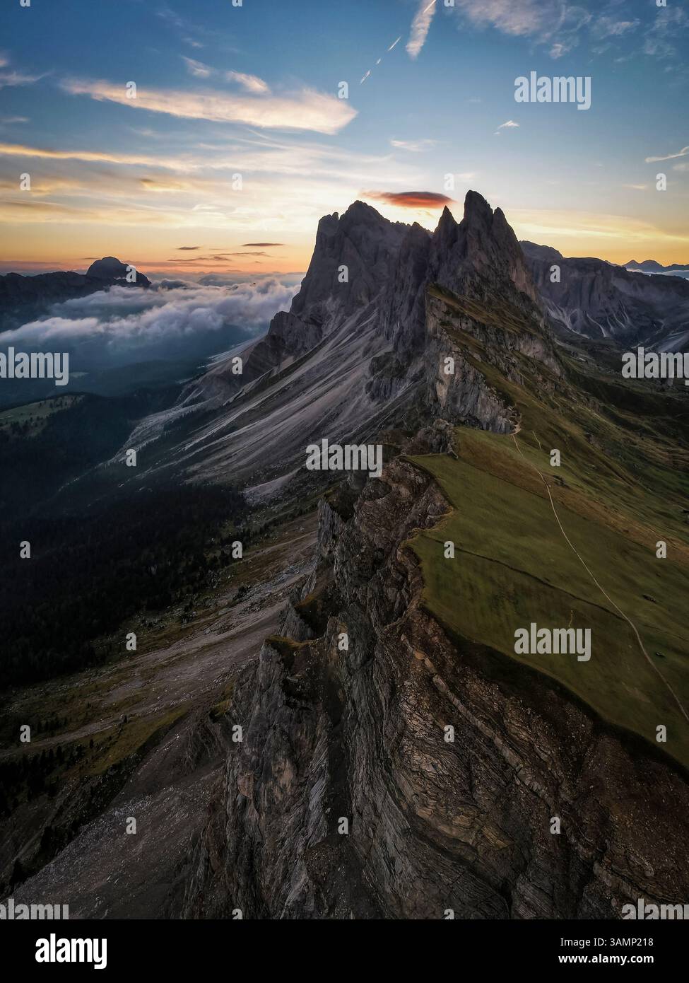 Aerial view of Seceda at sunrise in the Dolomites, South Tyrol, Italy ...