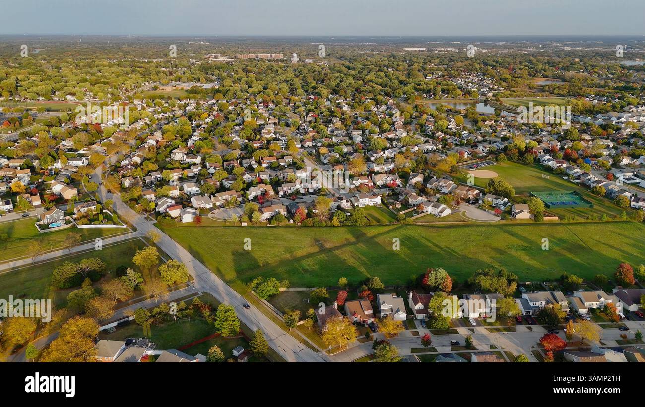 Aerial view of suburban residential neighborhood. A high-angle aerial ...