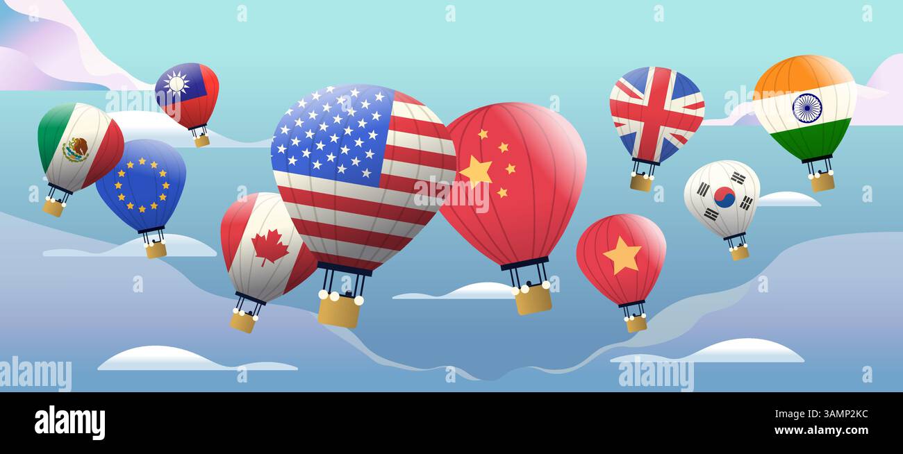 Hot air balloons with country flags representing trade war between USA ...