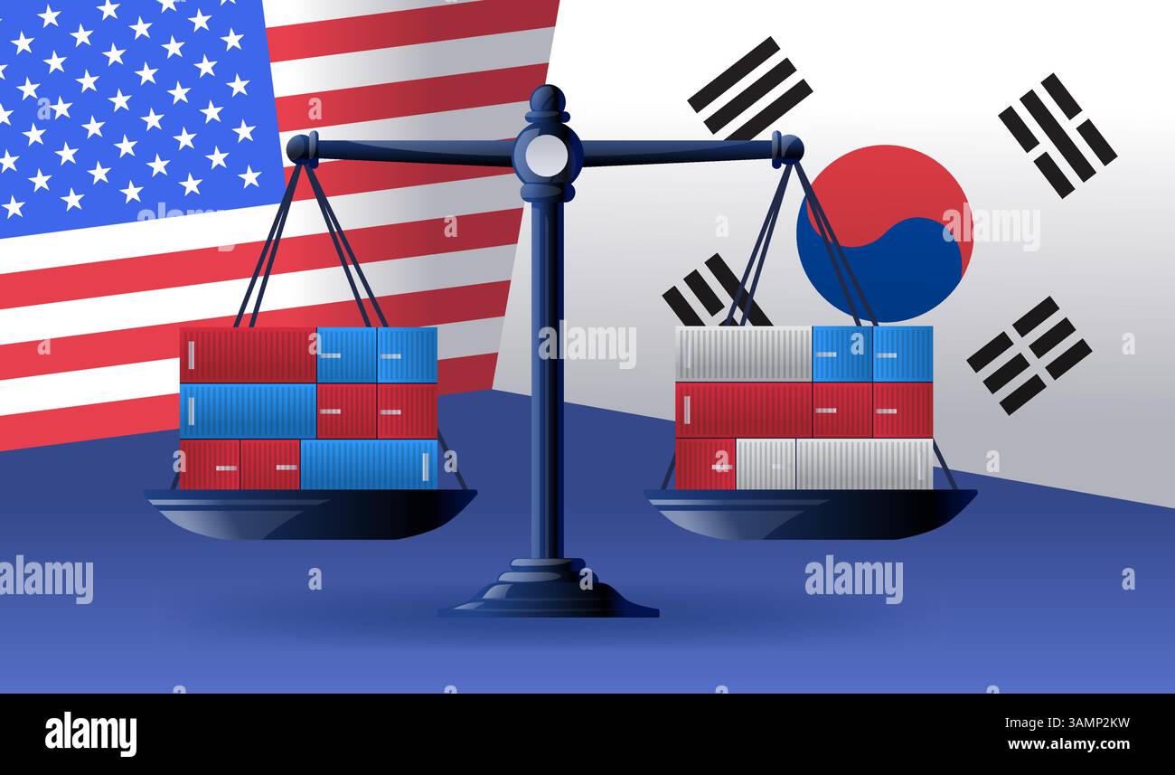 Trade war USA South Korea balance scales containers flags economic ...