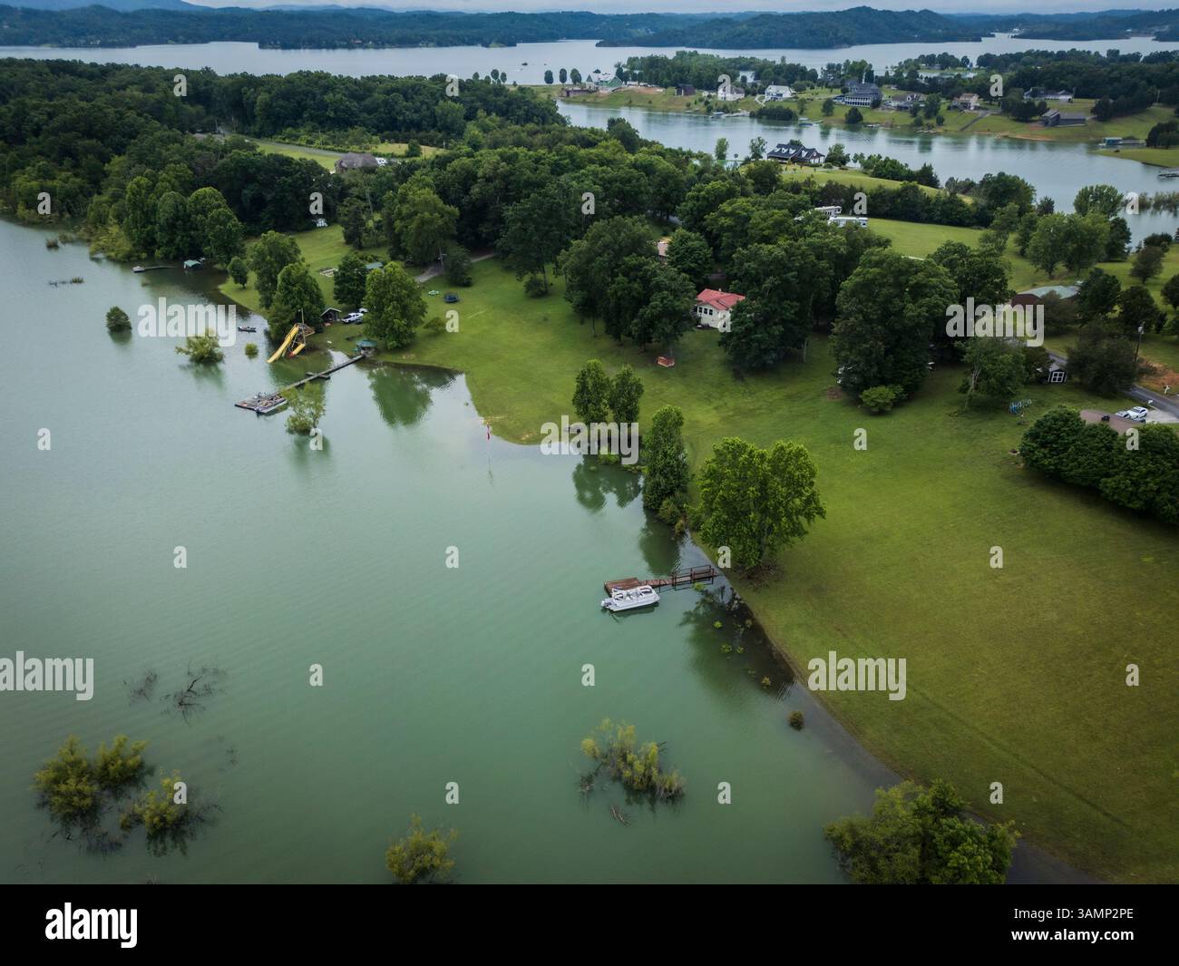 Aerial view of flooded wetland with trees in water, jetty, and bridge ...