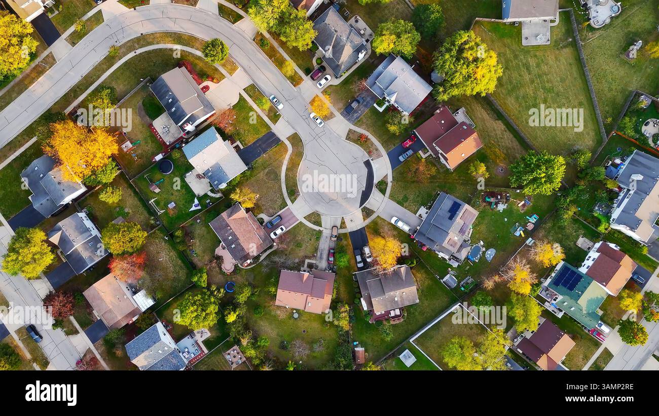 Aerial View of Suburban Cul-de-Sac Neighborhood. A top-down view of a ...