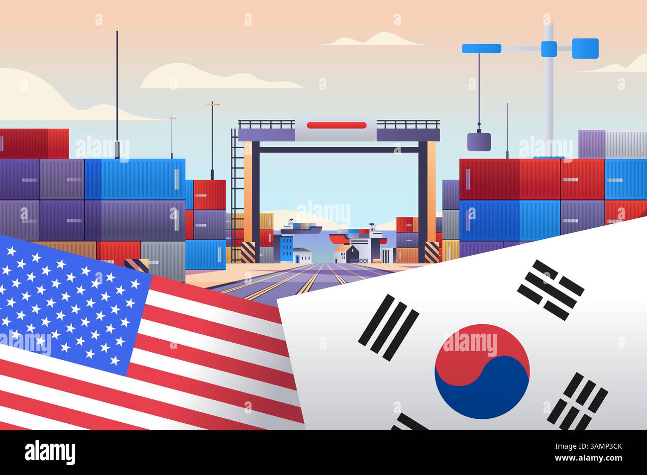 Trade war USA South Korea concept illustration depicting shipping ...