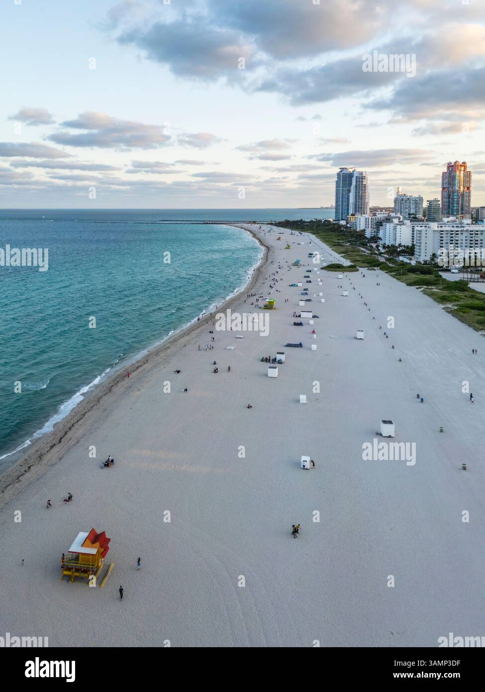 Aerial view of sandy beach and lifeguard house along Atlantic ocean ...