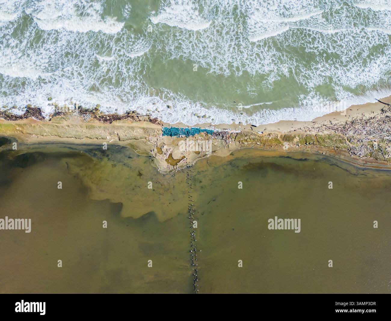 Aerial view of beautiful beach with ocean waves and sandy shore, Santa ...