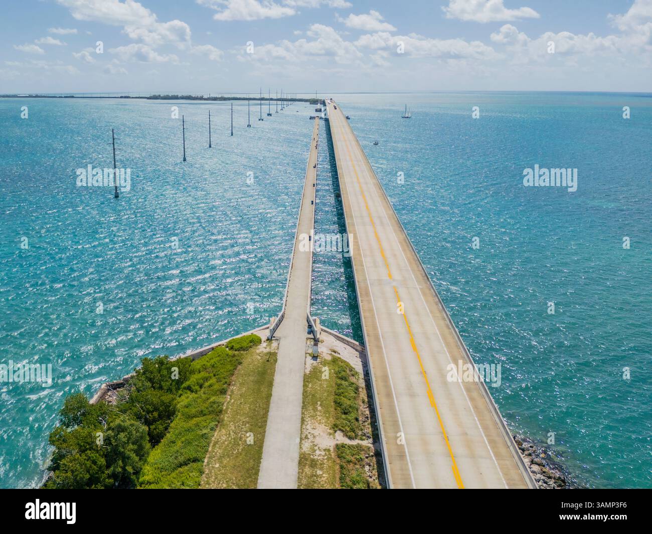 Aerial view of scenic overseas highway and bridge road over Gulf of ...