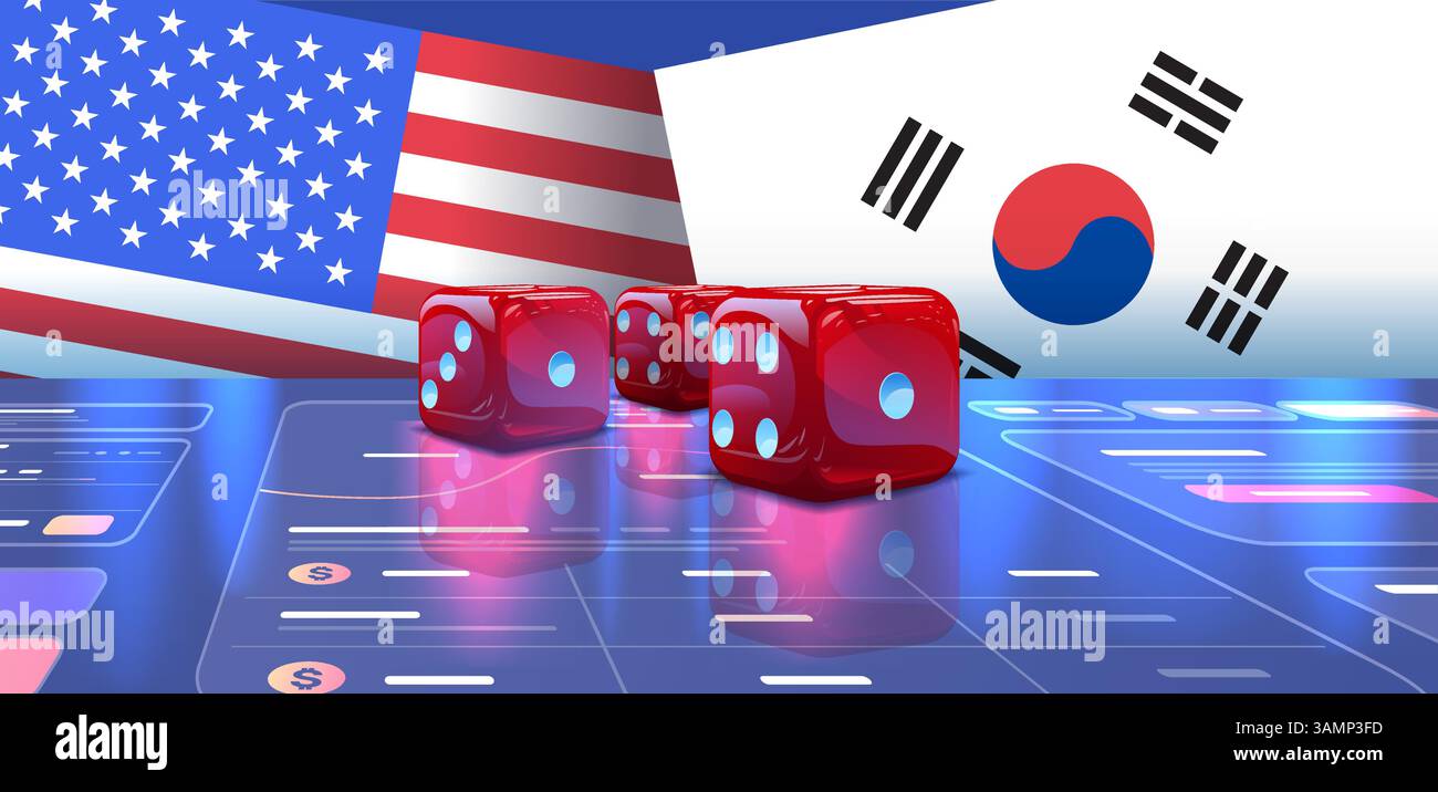Trade war between USA South Korea dice concept digital interface flags ...