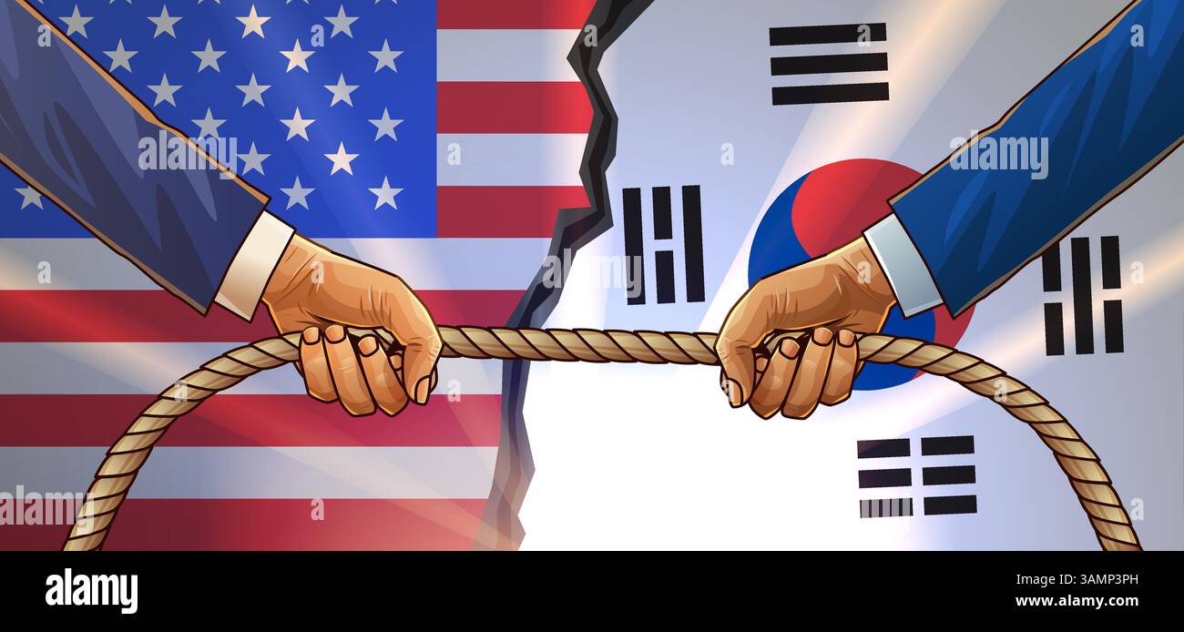 Trade war USA South Korea concept illustration. Hands pulling rope ...