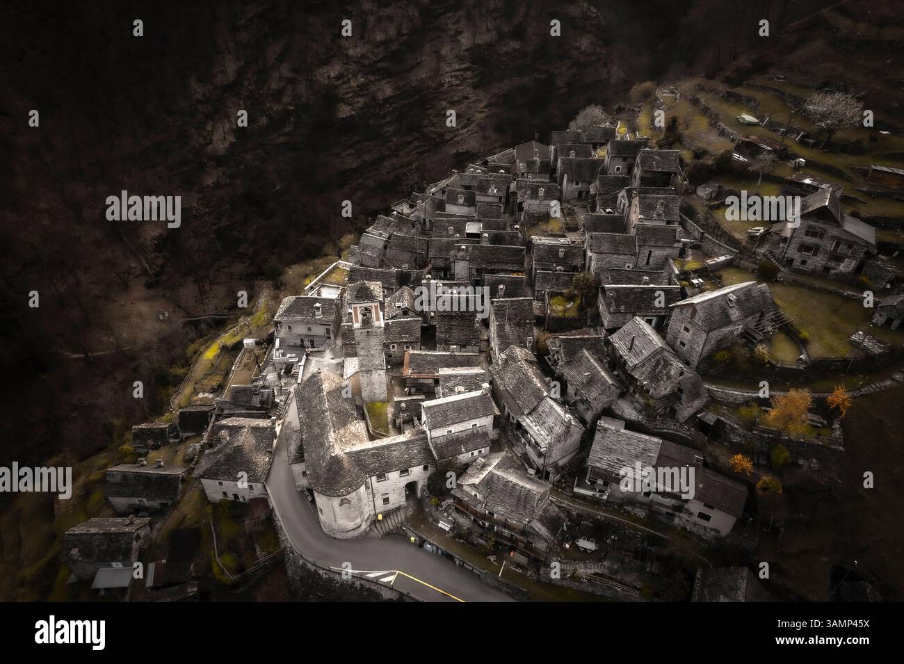 Aerial view of picturesque mountain village with stone houses, Corippo ...