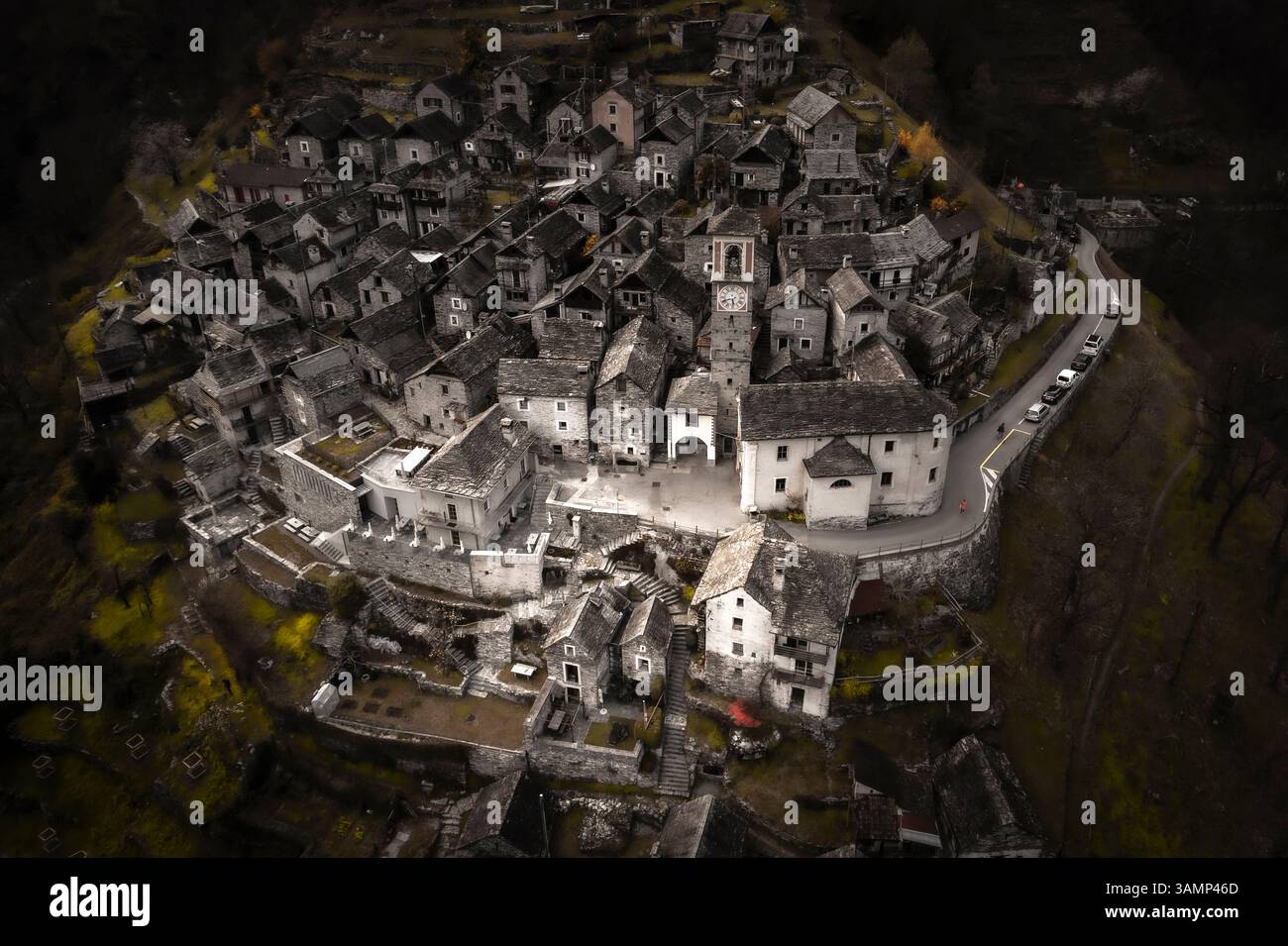 Aerial view of charming medieval village with stone houses and ...
