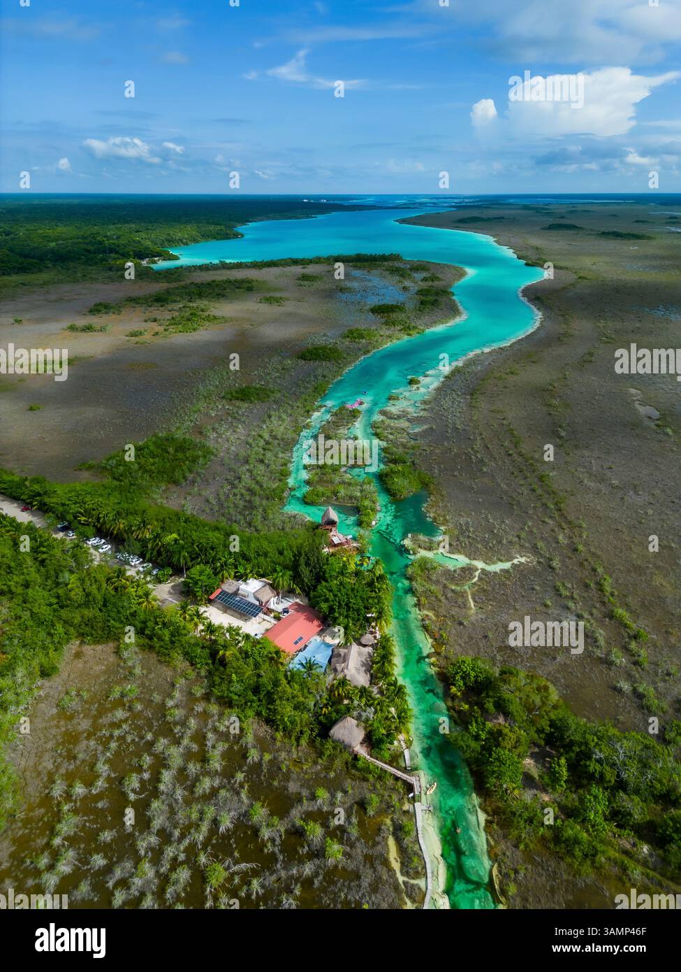 Aerial view of Bacalar Lagoon with stromatolites and turquoise water ...