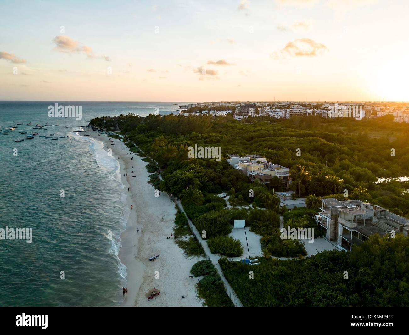 Aerial view of sunset beach on Mexican coast, Playa del Carmen ...