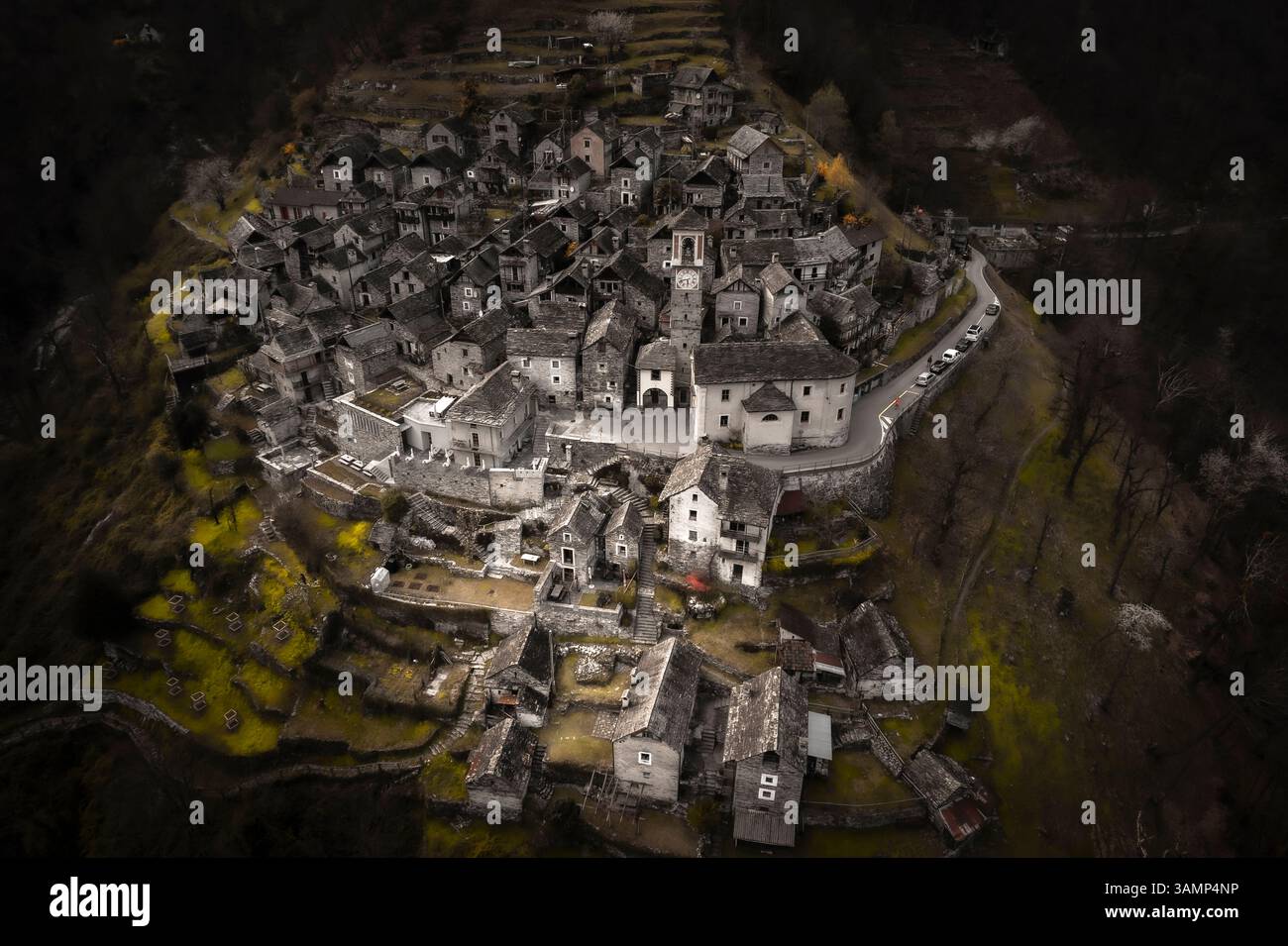Aerial view of charming village with historic stone buildings and ...