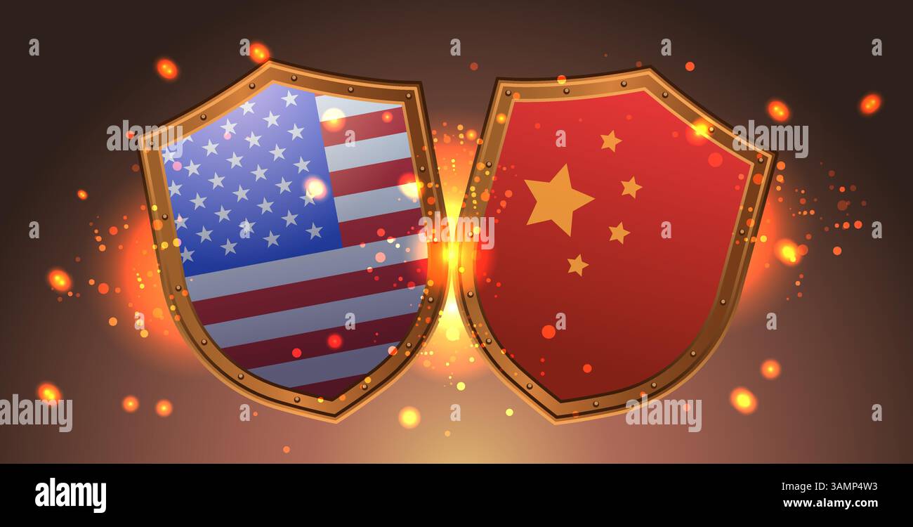 USA China trade war shields clash depicting conflict sparks glowing ...