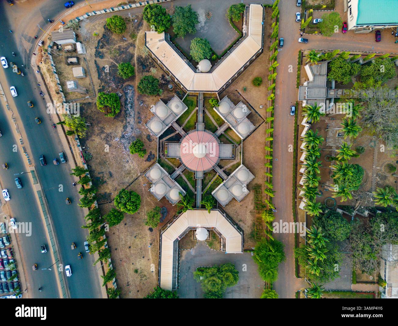 Aerial view of Arewa House and surrounding urban landscape with roads ...
