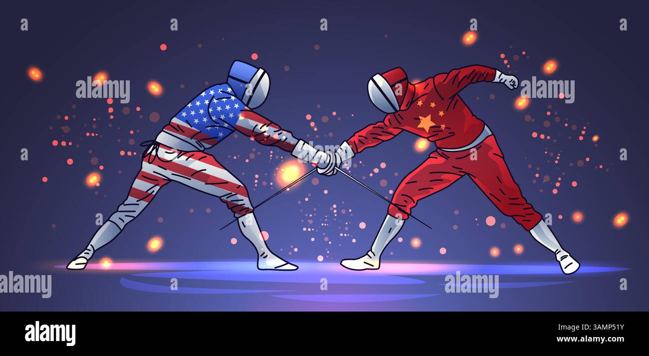 US China trade war fencing duel concept two fencers in national flag ...