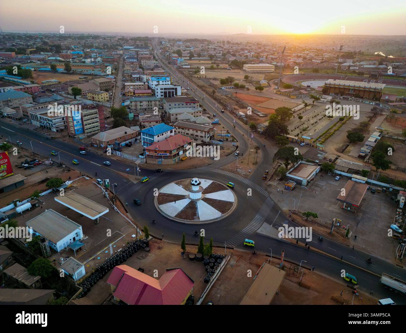Aerial view of stadium roundabout surrounded by modern buildings and ...