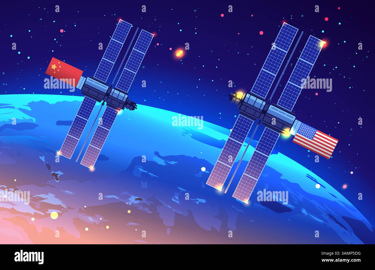 Satellites trade war concept China USA. Space scene with two satellites ...