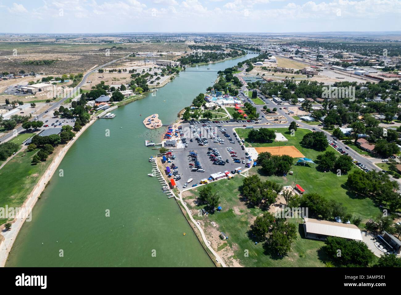 Aerial view of the beautiful Pecos River and vibrant water park amidst ...