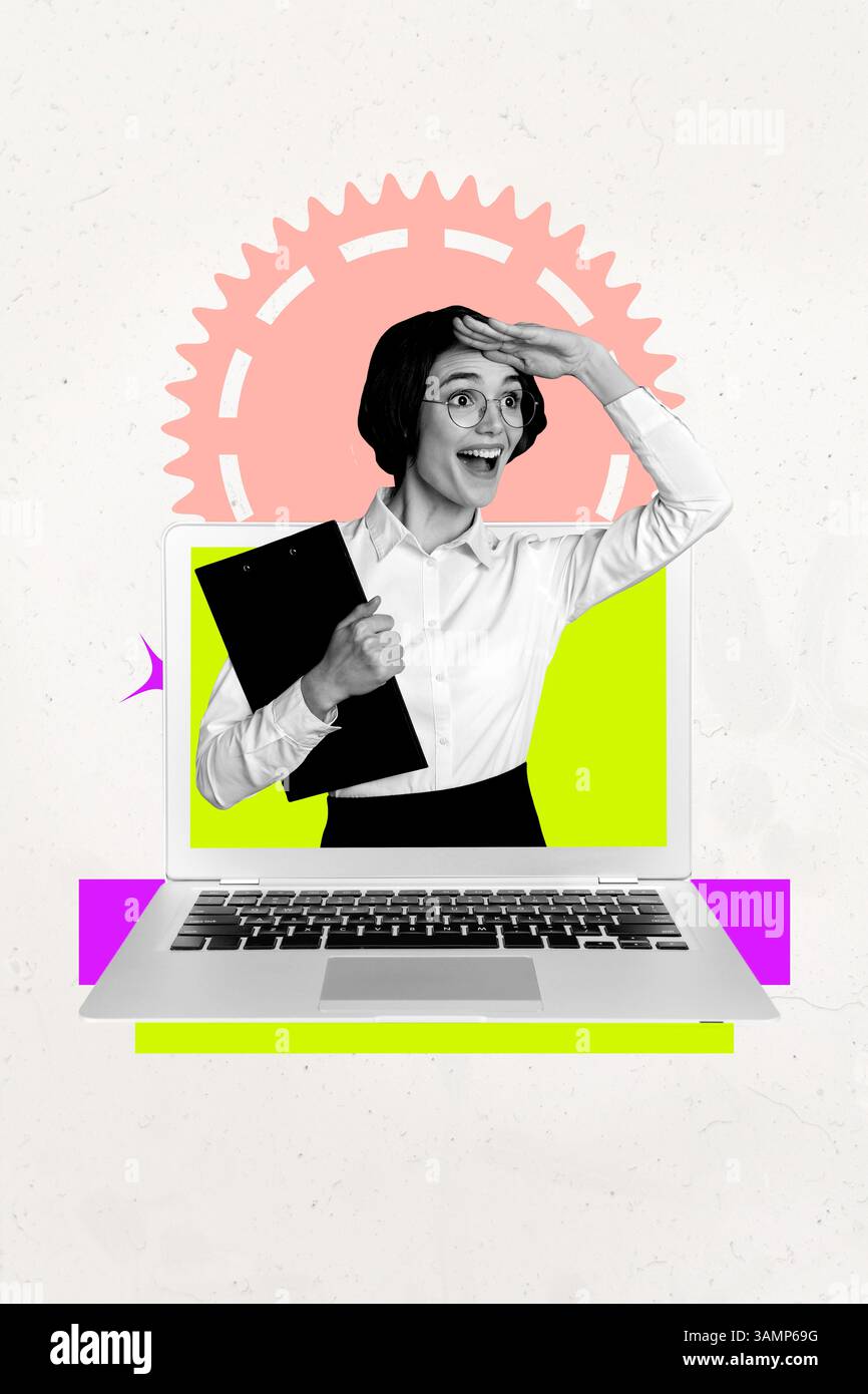 Creative pinup collage of person in netbook with cog gear wheel look ...