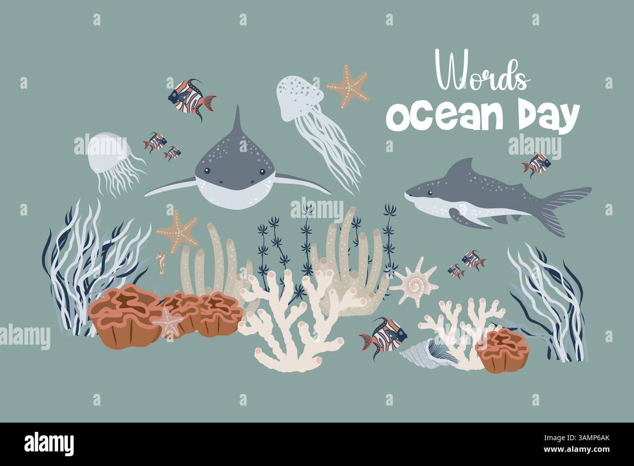 World Ocean day Concept Art. Illustration of underwater world with ...