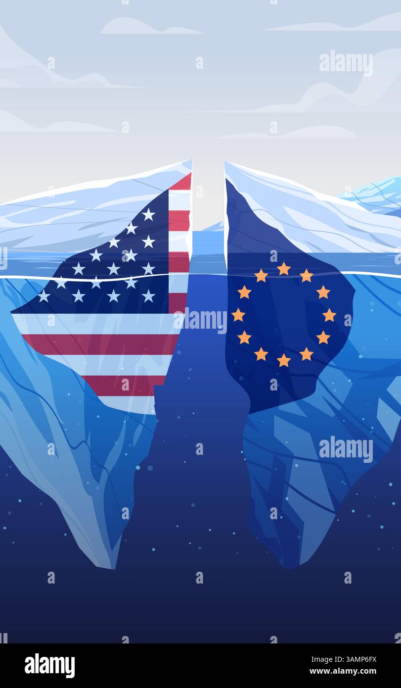 USA EU trade war concept iceberg flags ocean scene representing tariffs ...