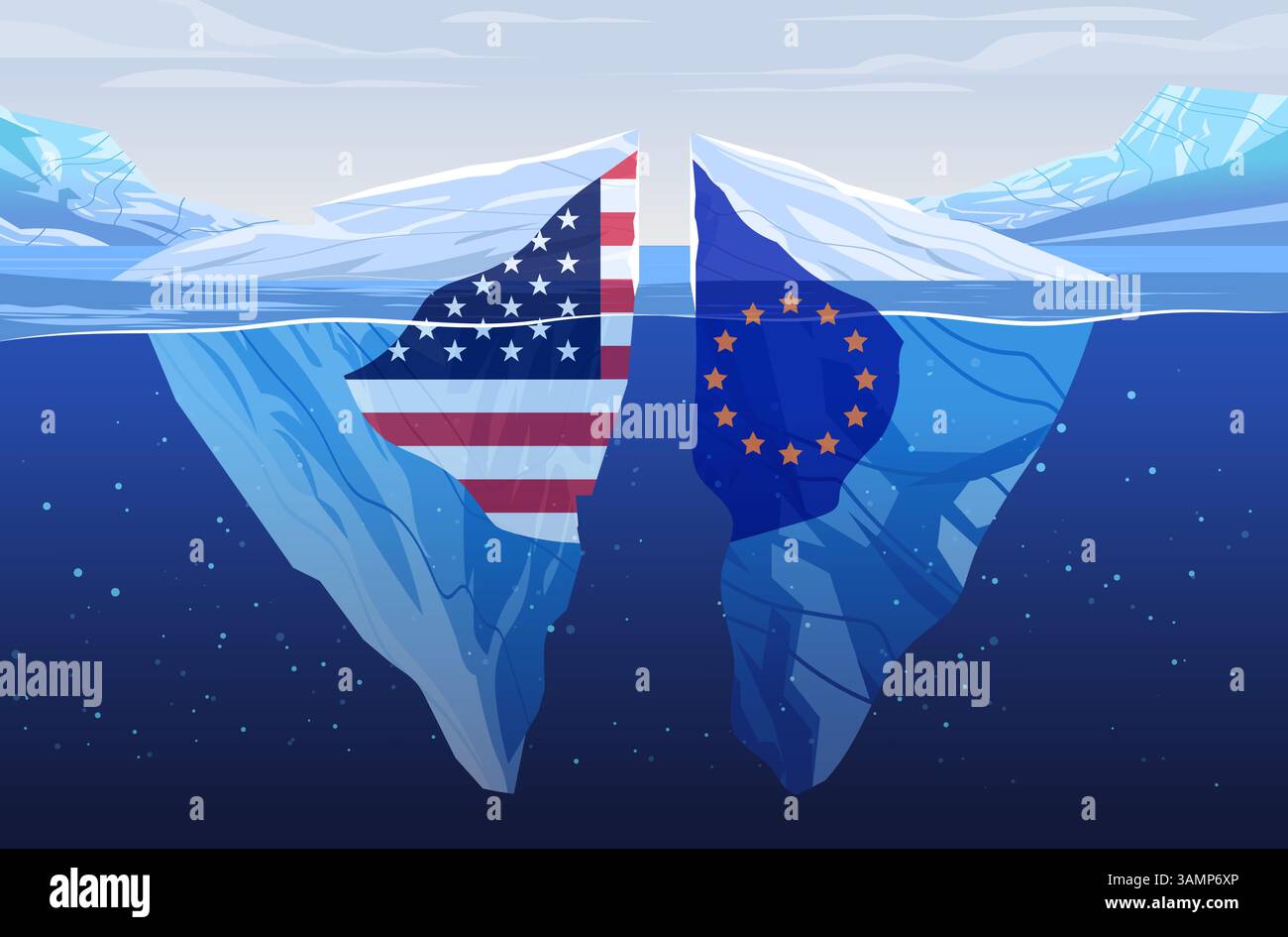 Trade war concept USA EU flags iceberg split ocean digital art Stock ...