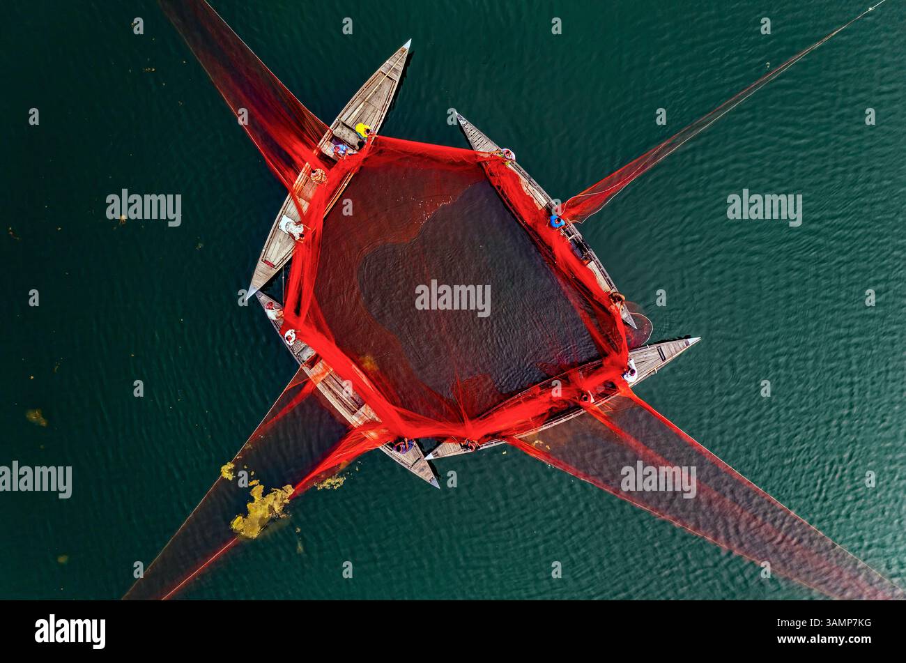 Aerial view of fishermen using a huge red net for traditional fishing ...