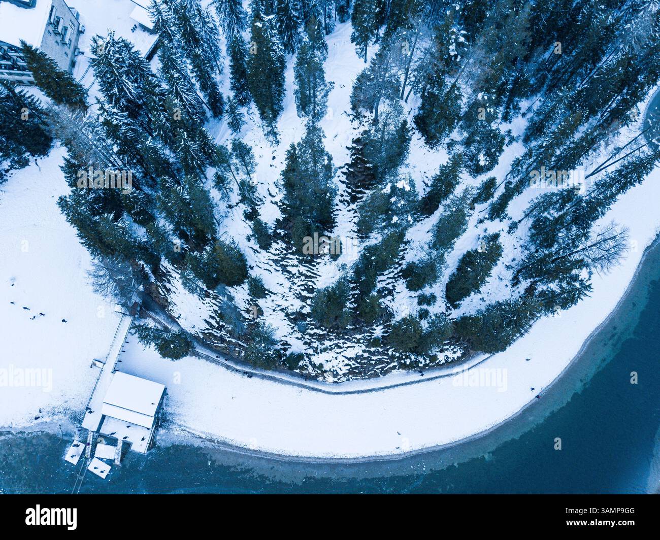 Aerial view of the crystal clear lake Lago Di Braies, Prags, Trentino ...
