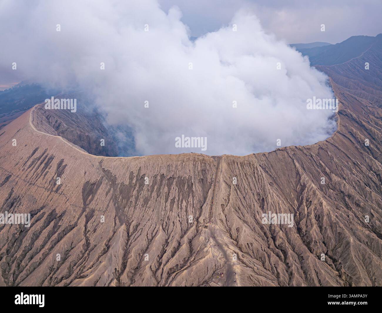 Aerial view of active volcano Bromo in Sukapura, Jawa Timur, Indonesia ...