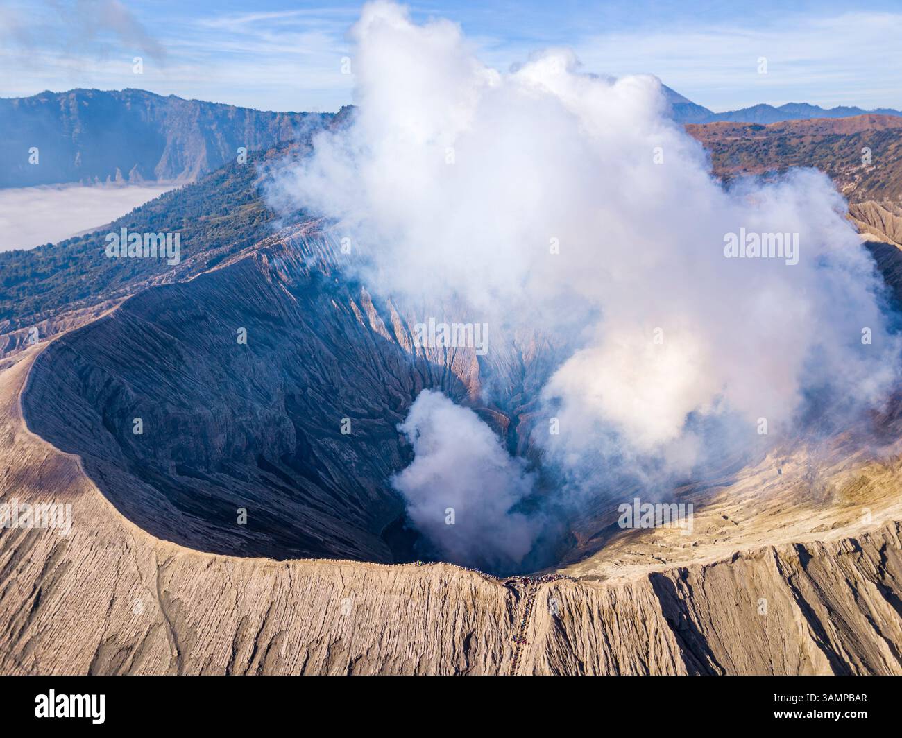 Aerial view of active volcano ridge Bromo in Sukapura, Jawa Timur ...