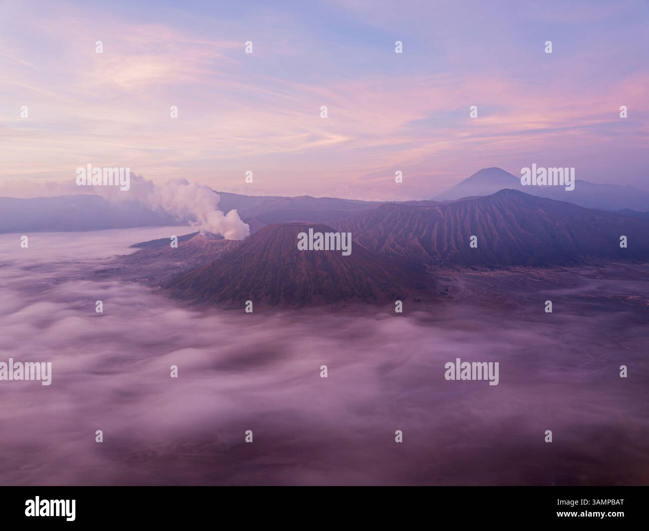 Aerial view of active volcano Bromo in Sukapura, Jawa Timur, Indonesia ...