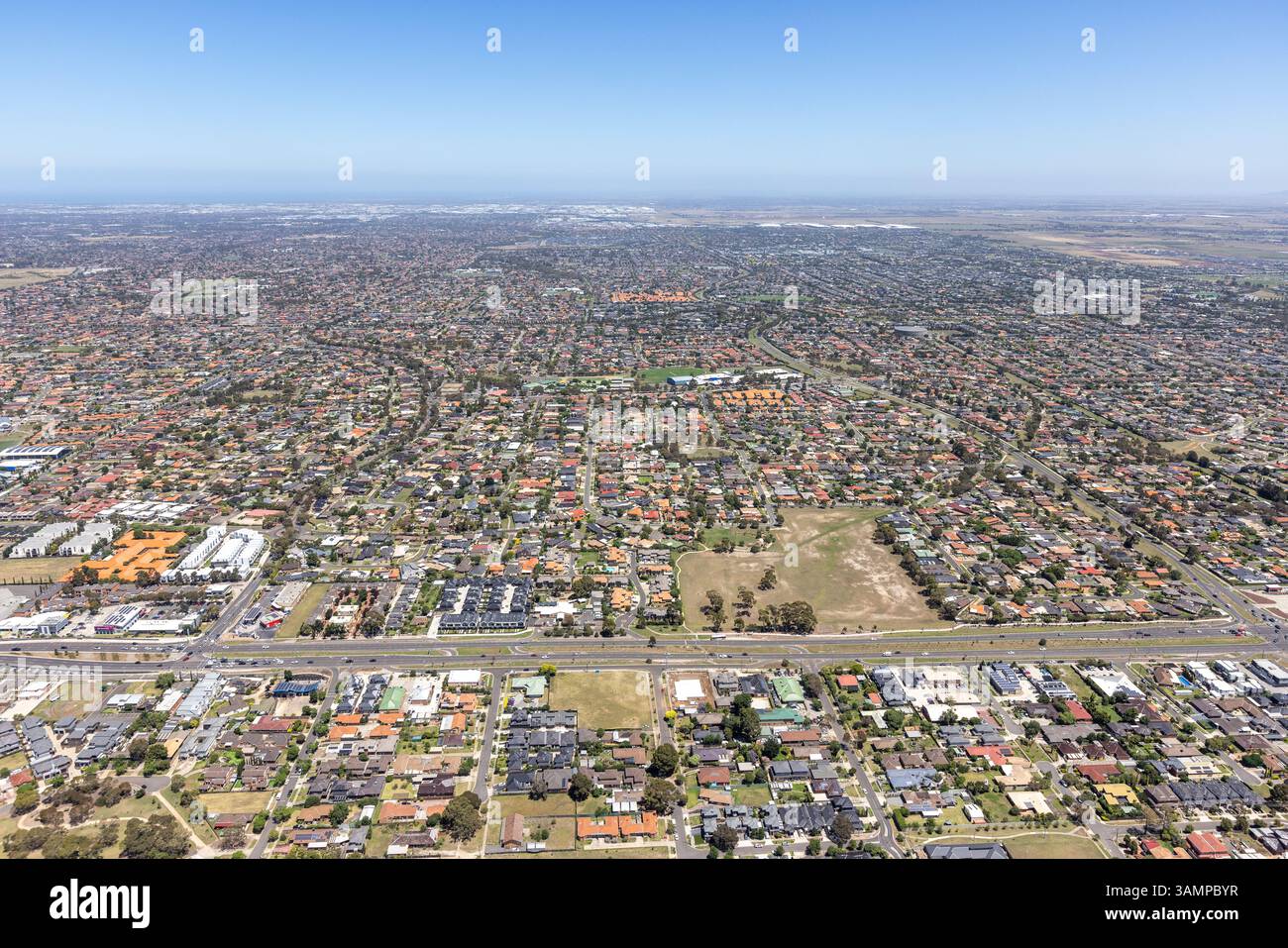Aerial view of suburban neighborhood with spacious homes and ...