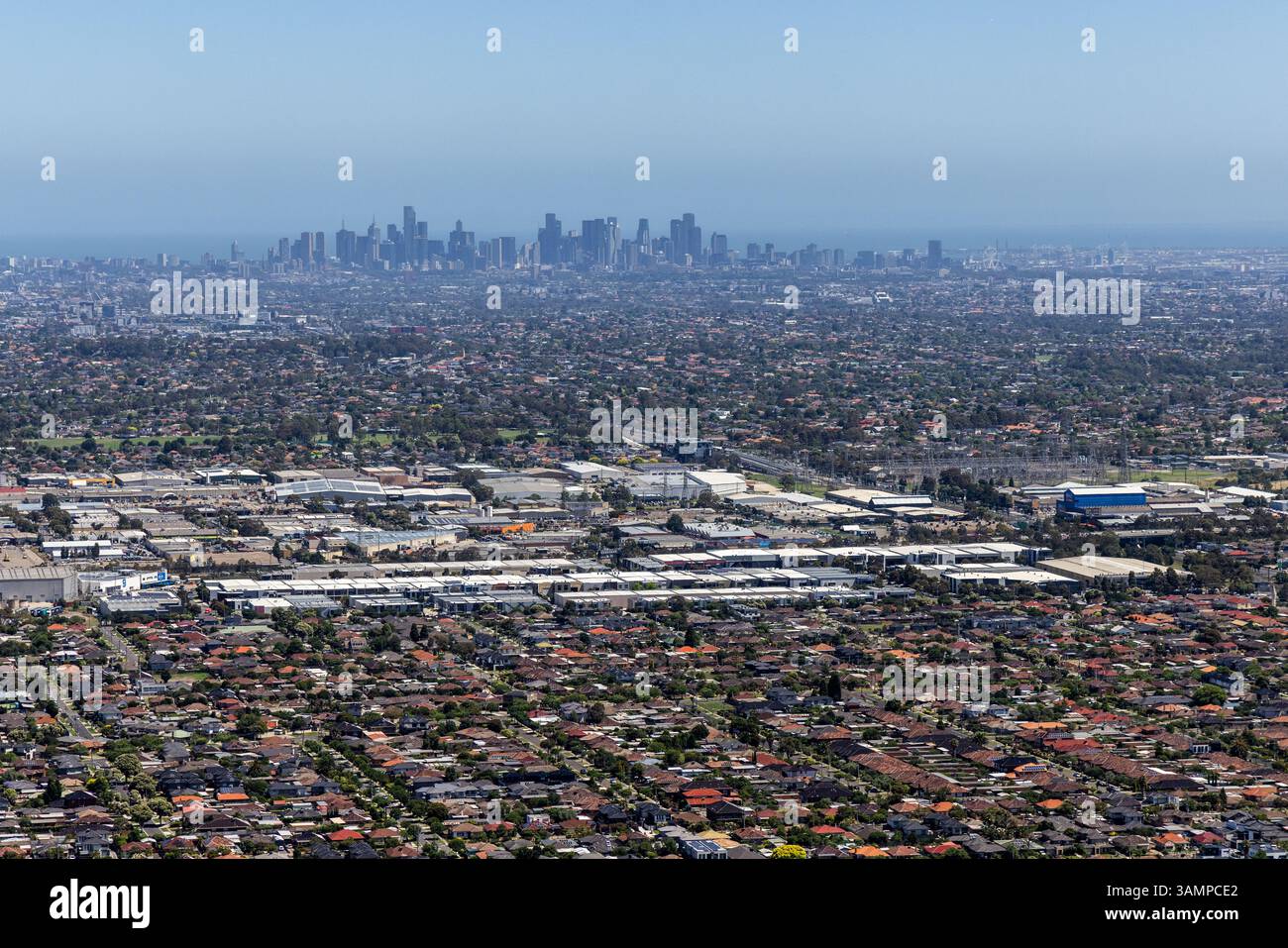 Aerial view of sprawling cityscape with modern buildings and ...