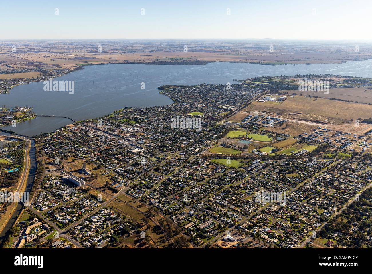Aerial view of Yarrawonga with beautiful lake, residential buildings ...