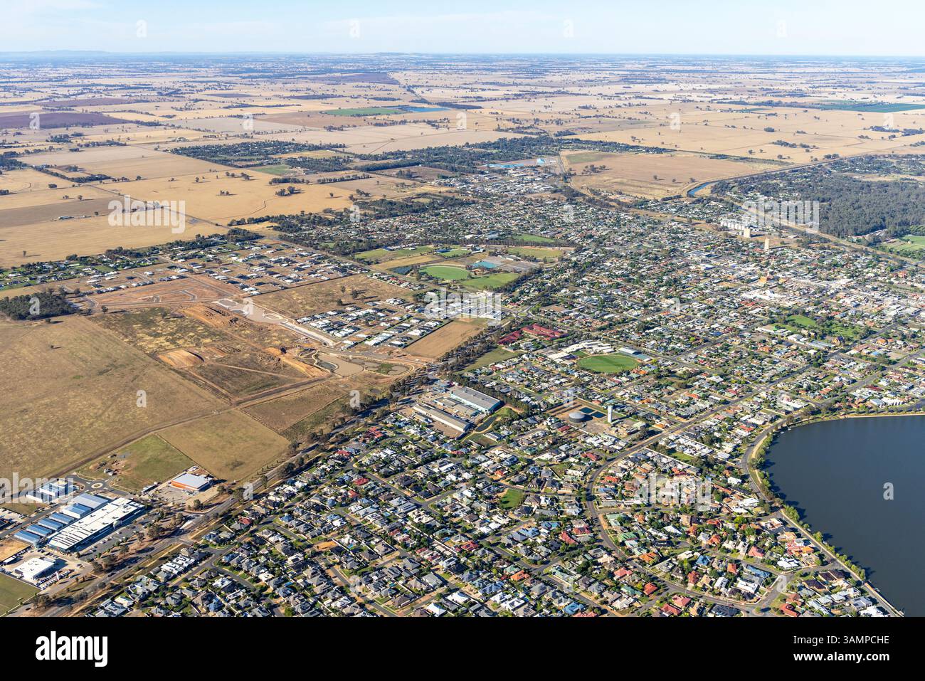 Aerial view of scenic Yarrawonga with beautiful lake, residential ...