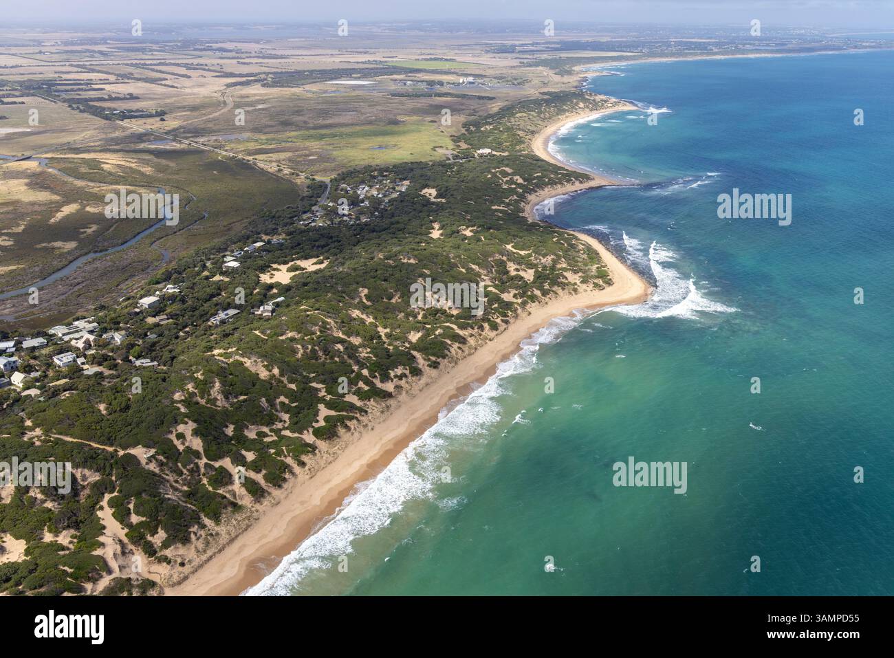 Aerial view of beautiful Breamlea beach with tranquil waves and ...
