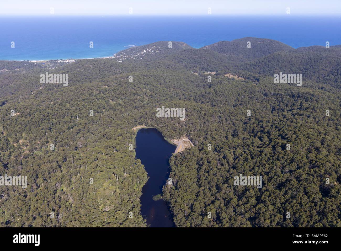 Aerial view of allen dame lake surrounded by lush forest and hills ...