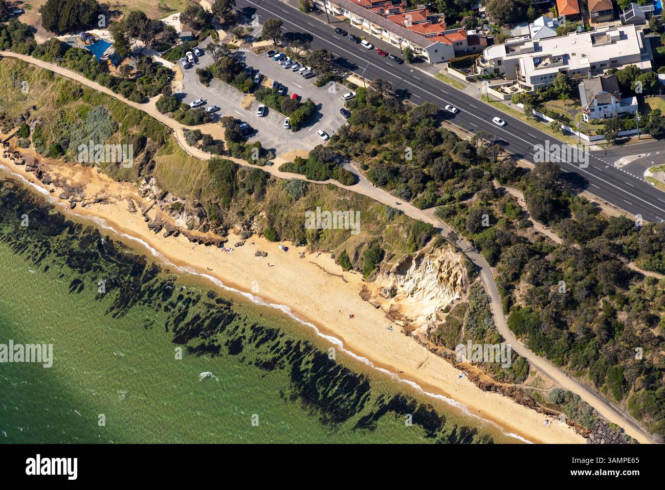 Aerial view of sandringham beach with ocean waves and coastal greenery ...