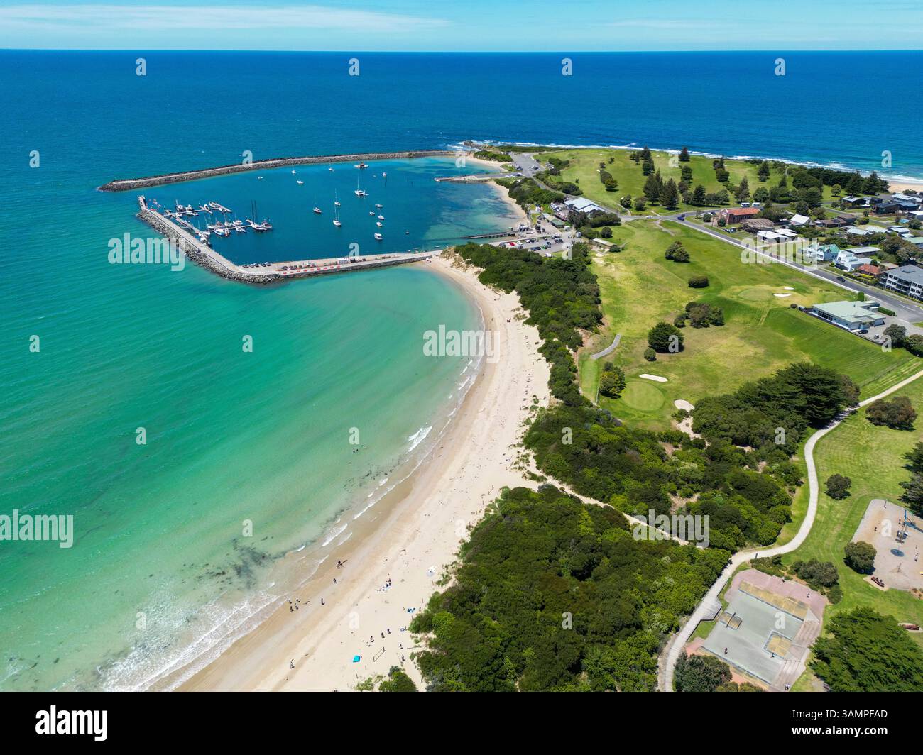 Aerial view of beautiful Apollo Bay with coastal beach, ocean, and ...
