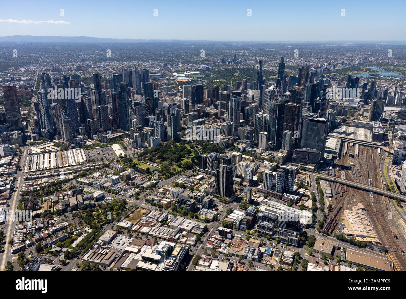 Aerial view of vibrant cityscape with modern skyscrapers and bustling ...