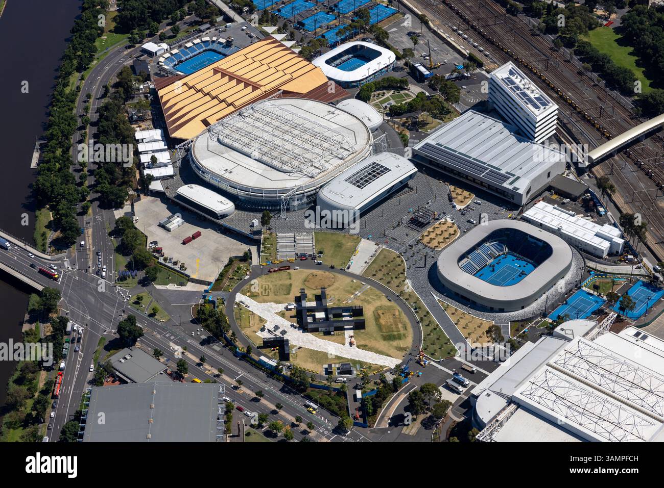 Aerial view of olympic park with modern architecture and sports complex ...