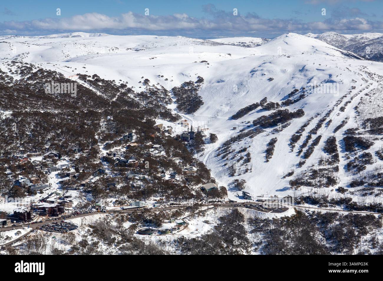 Aerial view of Mount Hotham ski resort with people skiing in a snowy ...