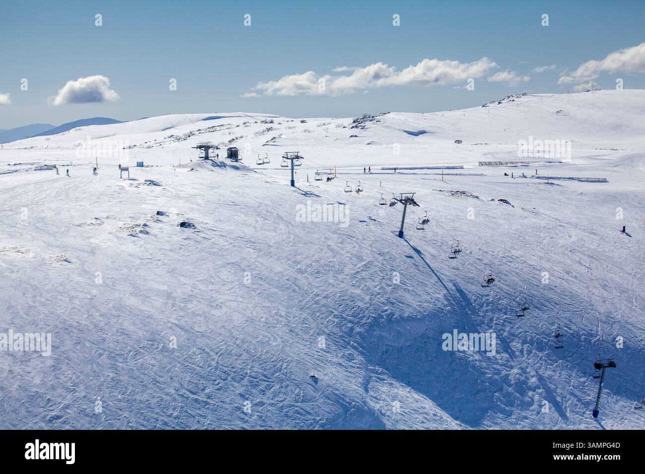 Aerial view of Mount Hotham ski resort with people skiing in snowy ...
