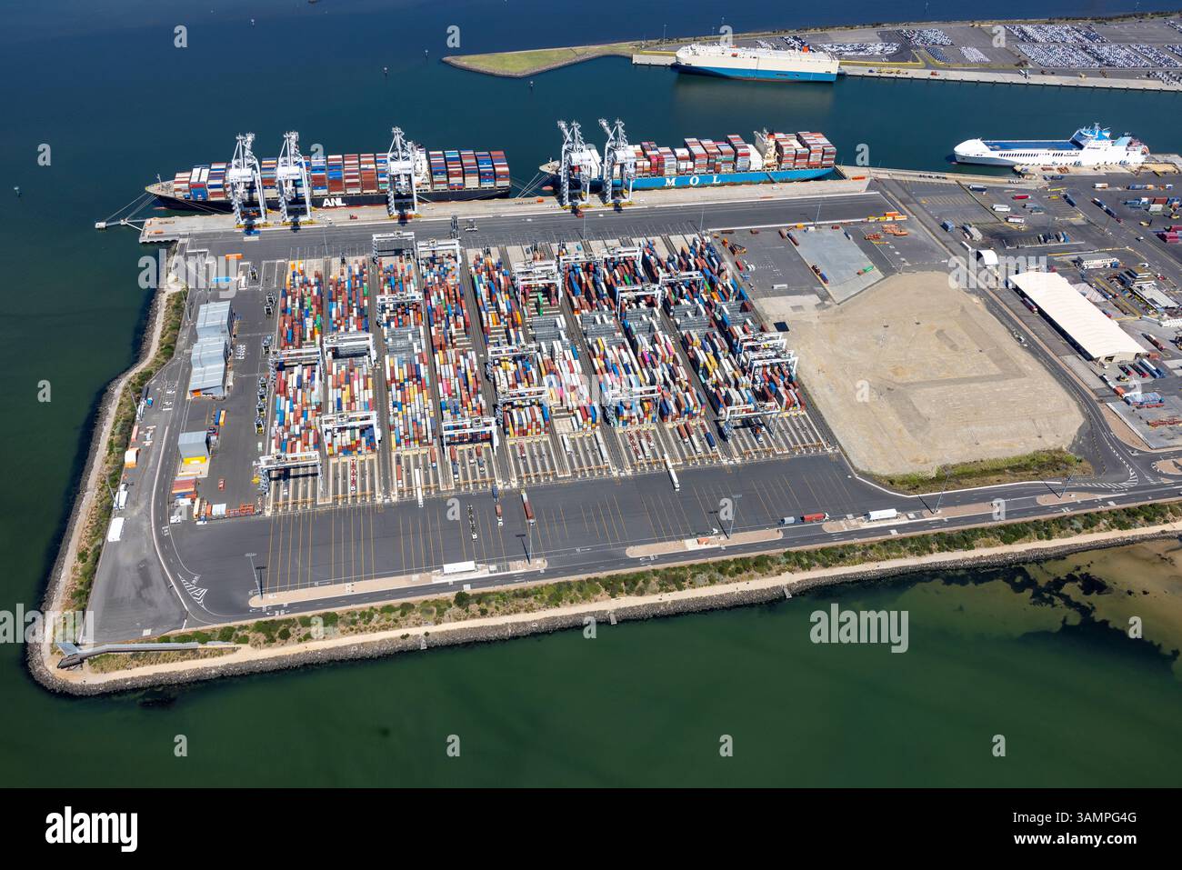 Melbourne, Australia - 07 February 2022: Aerial view of busy container ...