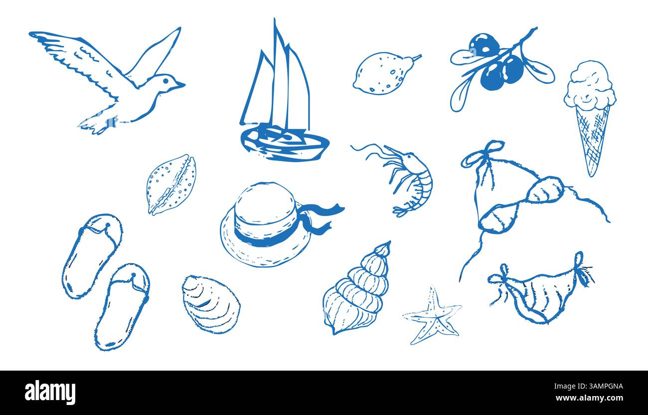 Summer seashore greek sea tourism, rest sketch drawing. Line hand drawn ...