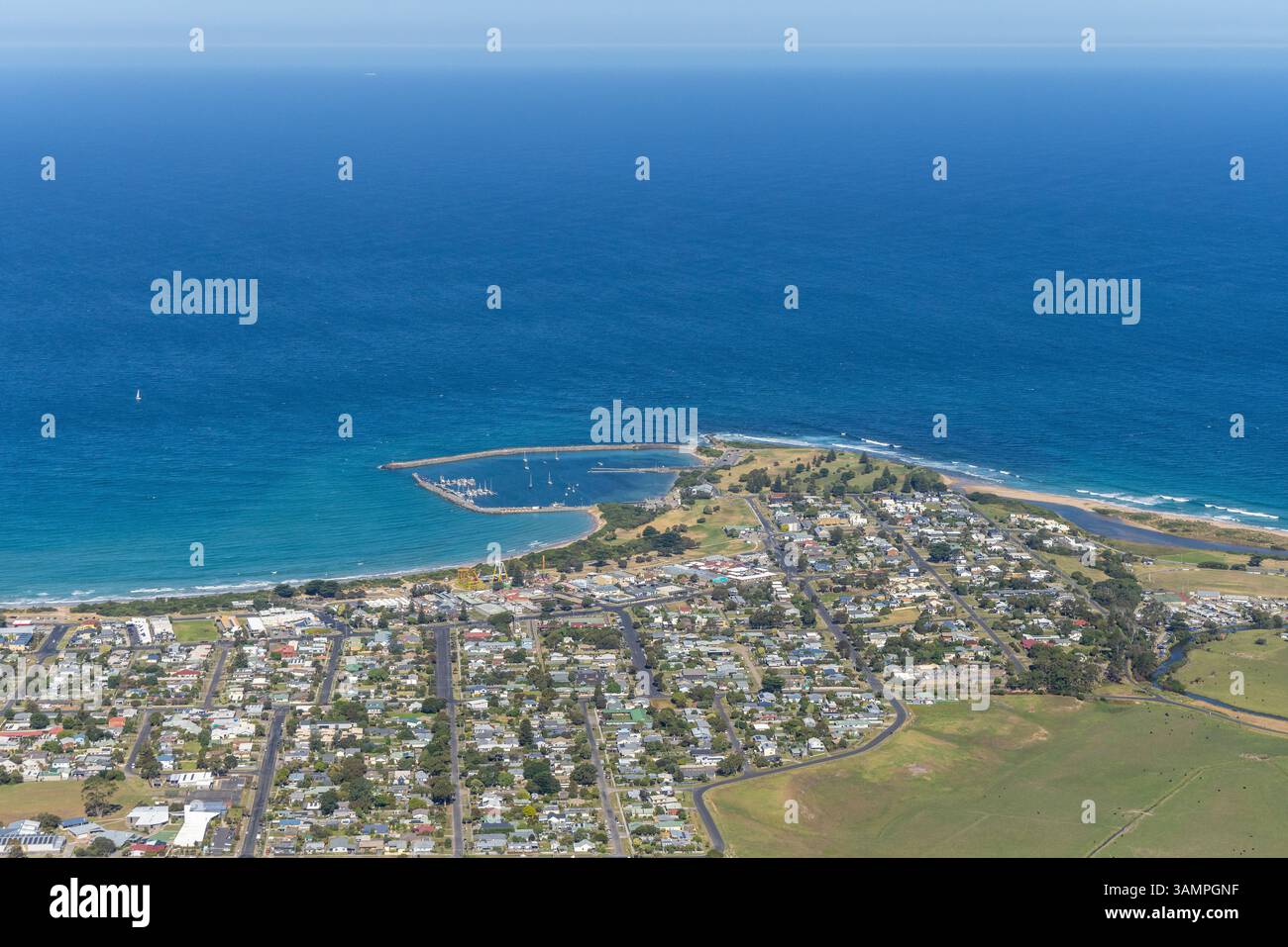 Aerial view of Apollo Bay, a small town with a Coastal Reserve along ...