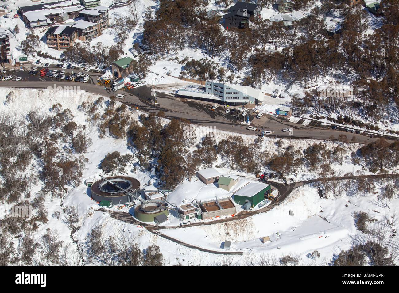 Aerial view of Mount Hotham ski resort with people skiing in snowy ...