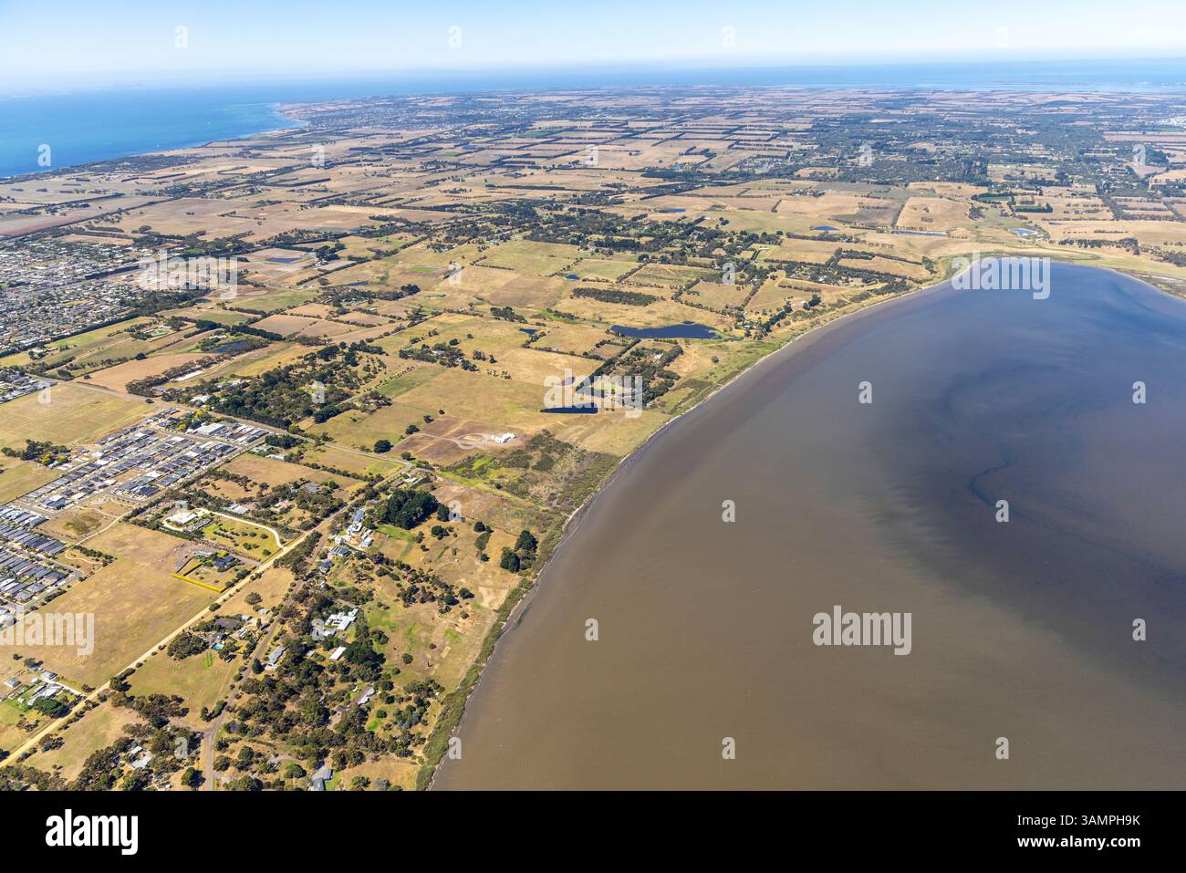 Aerial view of Lake Connewarre Wildlife reserve with small settlements ...