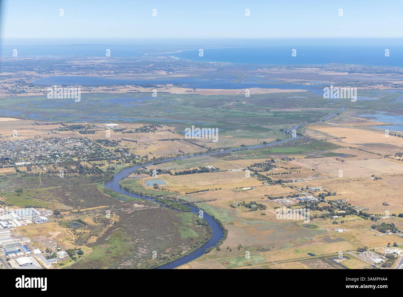 Aerial view of Barwon River across the Lake Connewarre Nature reserve ...